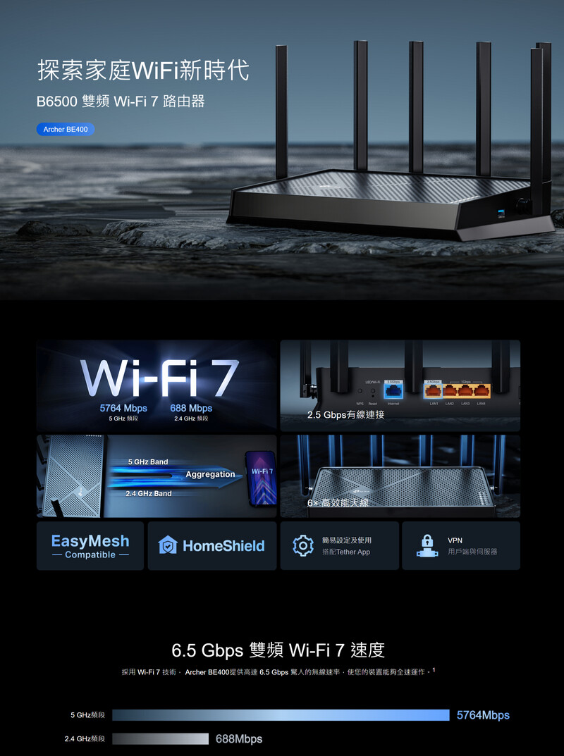 Price網購 - TP-Link Archer BE400 BE6500 雙頻 Wi-Fi 7 Router