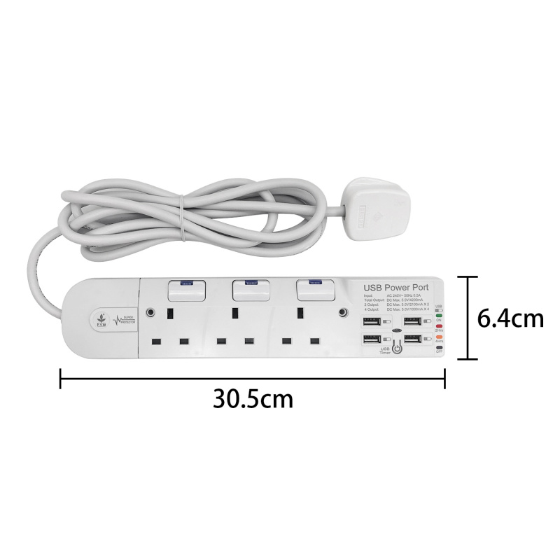 FYM - 白色3位13A獨立LED開關+4USB-A共享4.2A可選2/4小時定時充電3米線防雷拖板 一鍵定時共享5V4.2A極速快充USB ...