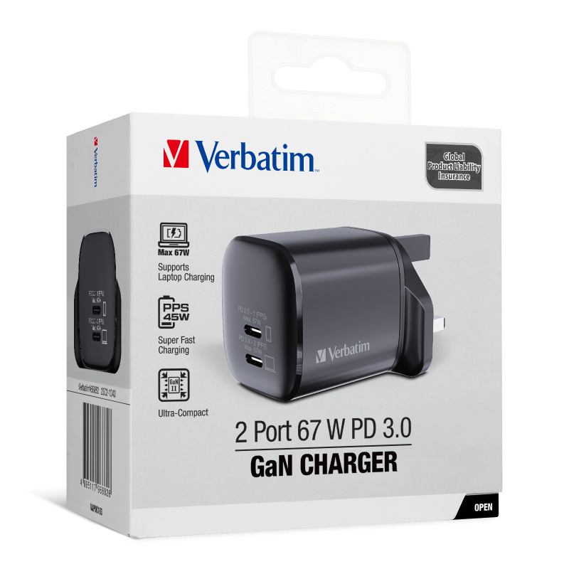 Verbatim 2 Port 67W PD 3.0 GaN 充電器 (66882) - Verbatim官方旗艦店