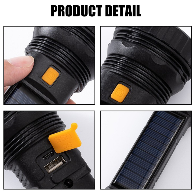太陽能 LED 手電筒 USB 可充電 COB 燈戶外遠程手電筒多功能應急移動電源手提野營燈 - HAPPY521
