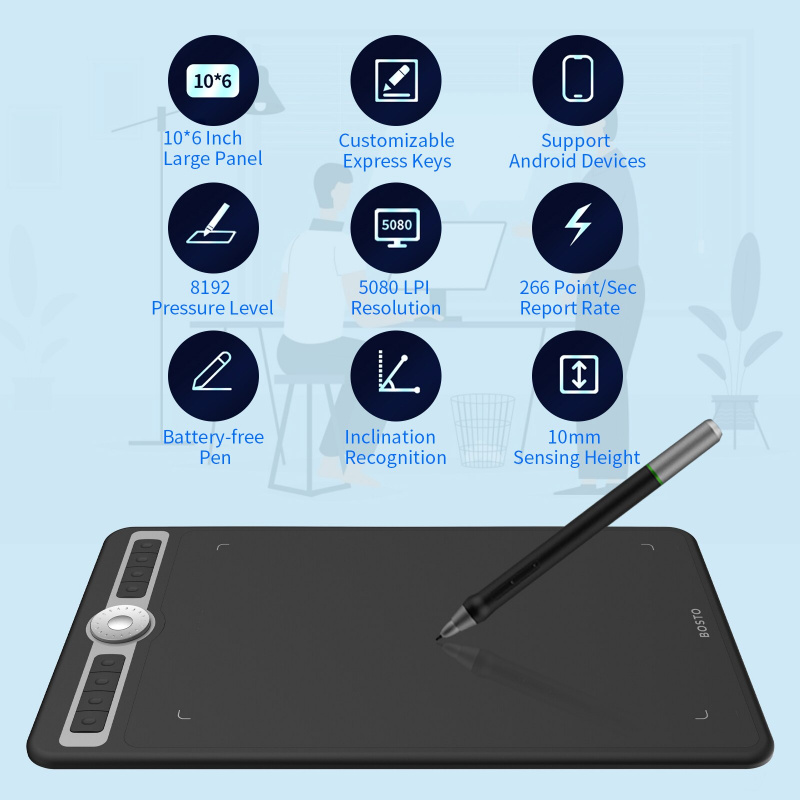 BOSTO T1060 10x6Inch Graphic Drawing Tablet Battery-free Stylus 10 Pen ...