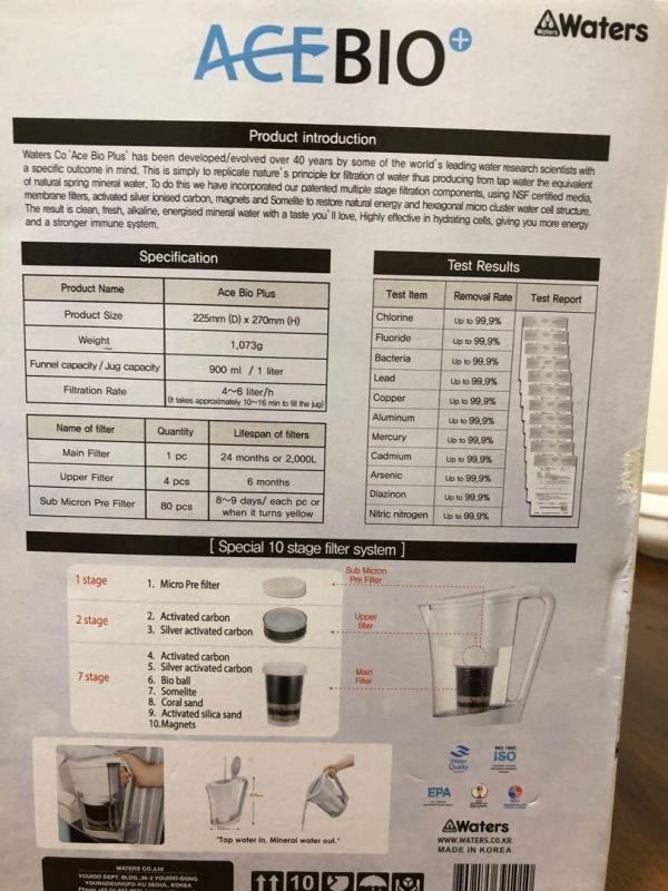 WATERS - Ace Bio Plus 礦物質濾水壺1000ml【平行進口】 - 宏基數碼