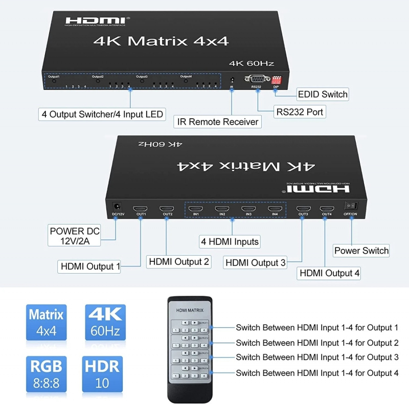 4K 60Hz True HDMI Matrix 4x4 HDMI 2.0 Matrix 2x4 4x2 4x4 Switch Splitter Converter 4X4 Matrix ...