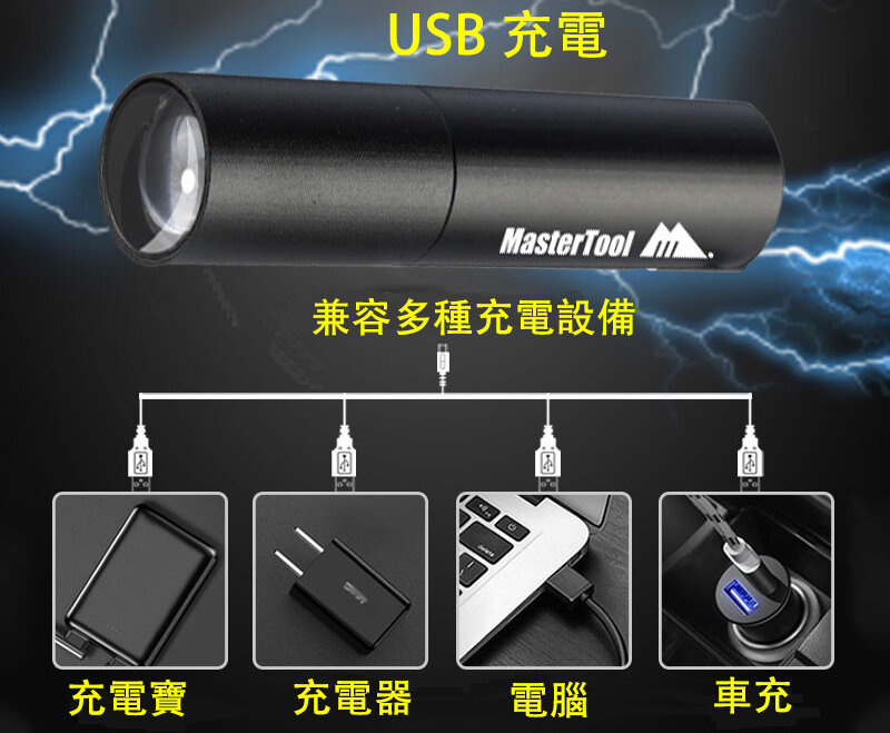 Master Tool 迷你USB充電強光手電筒-黑色，可伸縮變焦口袋充電手電筒，100流明 微型迷你手電筒 便攜迷你手電筒 IP44防水 - MasterTool