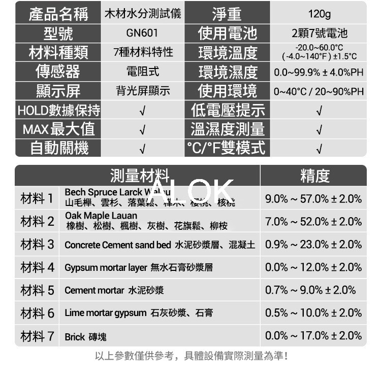 ALOK 牆身天花木材濕度水分檢測儀可檢測木材石屎磚頭牆身天花滲水漏水GN601 - Art Victory Ltd