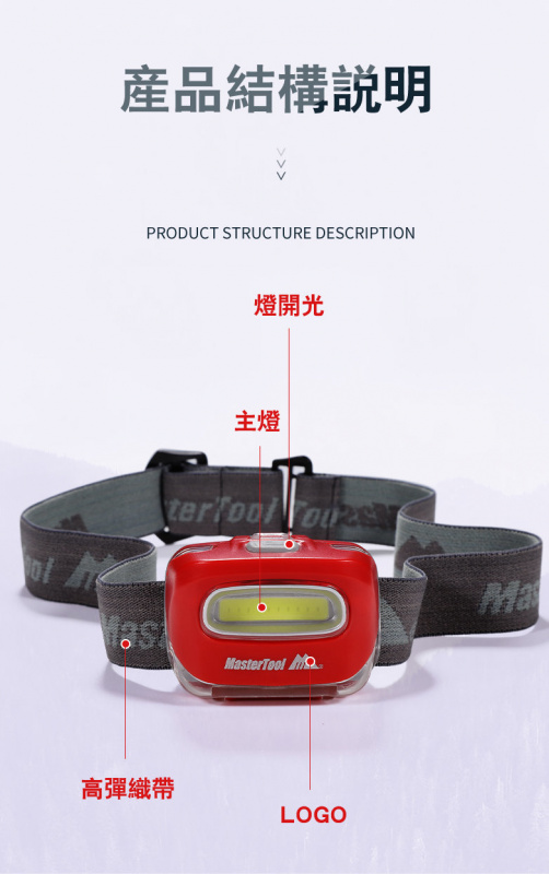 Master Tool COB頭燈，120流明，跑步燈，單車燈，維修燈，戶外，野營，多種照明模式 - 紅色 - MasterTool