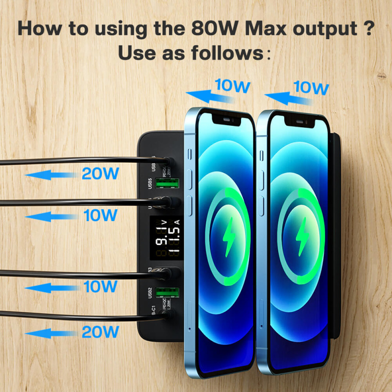 80W USB 充電器，帶雙感應無線充電器支架，6 端口桌面 QC3.0 PD 快速充電充電器，USB C 充電站 - 豐盛數碼電器