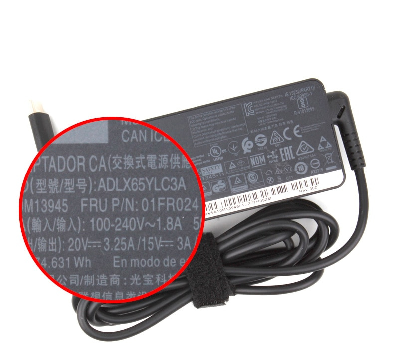 原裝 65W 20V 3.25A TypeC 交流適配器筆記本電腦充電器適用於聯想 ThinkPad X280 X380 X390 X395 ...