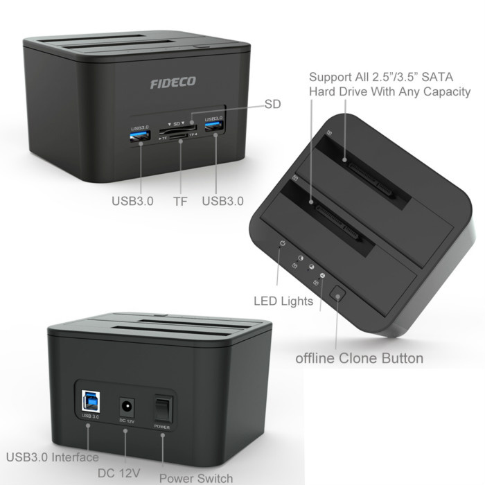 Fideco YPZ04-S2HC - USB3.0 TO SATA HDD & SSD Dual-Bay Docking with USB3.0 Hub & Card Reader ...