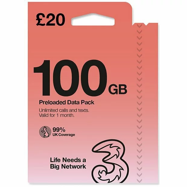 3UK「10GB/50GB/100GB」英國+全球(英美澳紐、歐洲多國等)30天上網+通話卡。 - Choice Digital Centre
