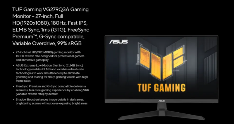 ASUS TUF Gaming VG279Q3A 27-inch, Full HD(1920x1080), 180Hz, Fast IPS, ELMB Sync, 1ms (GTG ...