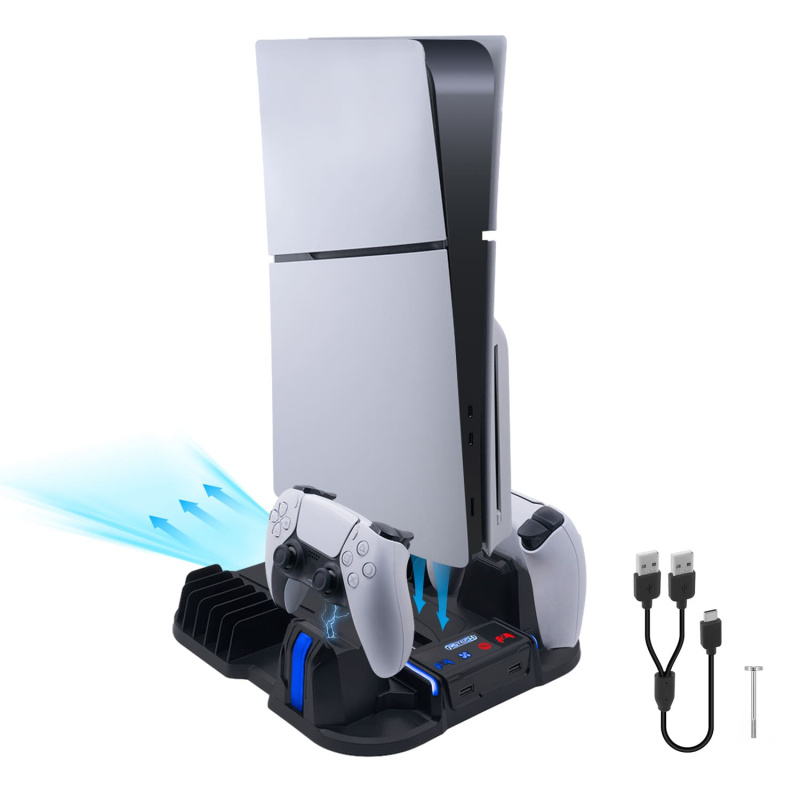 PGTech PS5 Slim光碟版/數位版專用多功能散熱直立式支架 DualSense控制器充電座及遊戲碟收納 (不兼容PS5) - Supreme Factory Limited