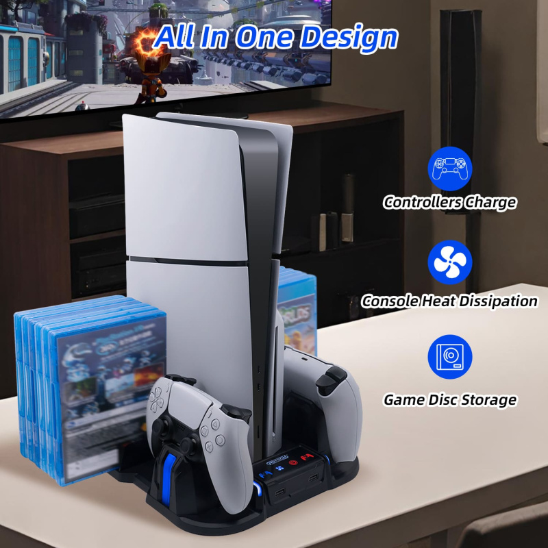 PGTech PS5 Slim光碟版/數位版專用多功能散熱直立式支架 DualSense控制器充電座及遊戲碟收納 (不兼容PS5) - Supreme Factory Limited