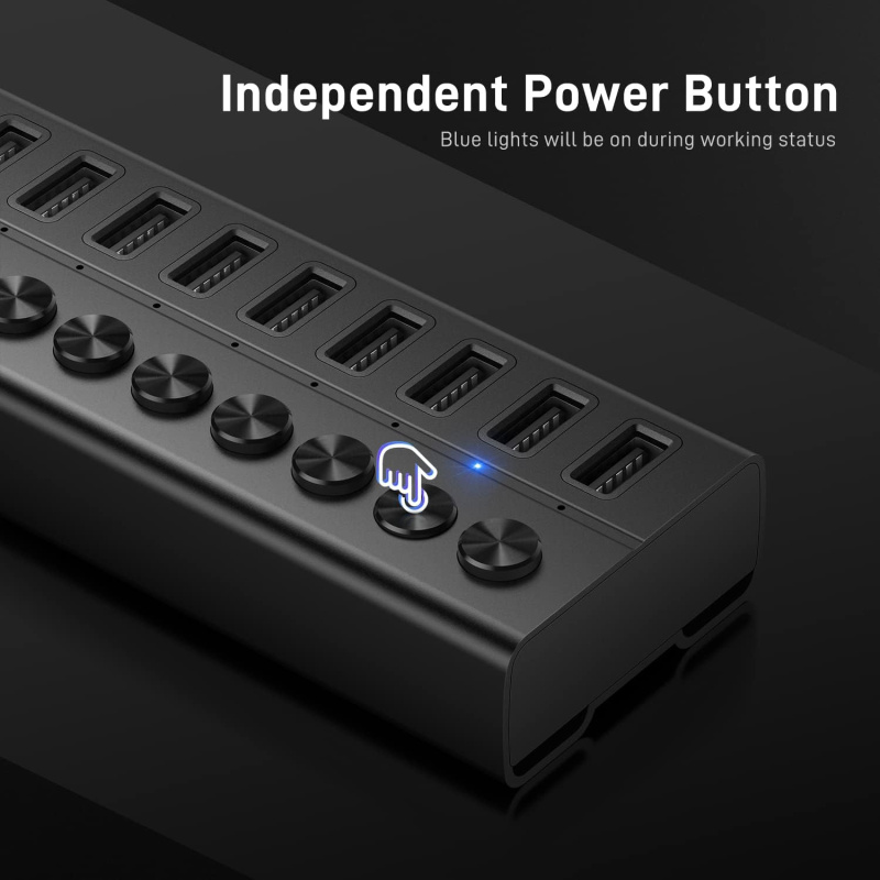 Fideco Powered 10-Port USB Hub, USB 3.2 Gen 1 Data Hub with Independent ...