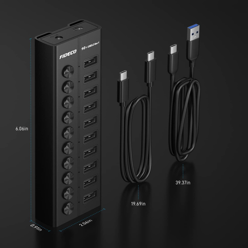 Fideco Powered 10-Port USB Hub, USB 3.2 Gen 1 Data Hub with Independent ...