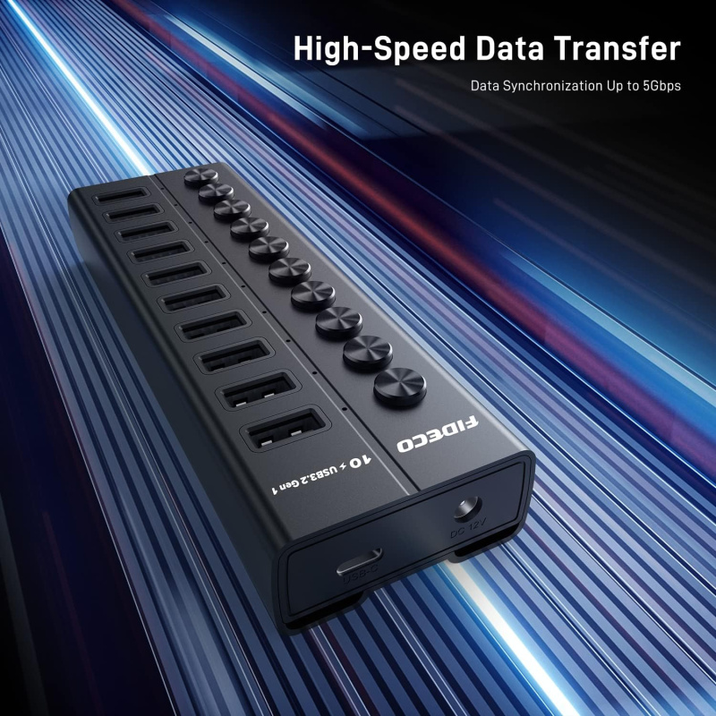 Fideco Powered 10-Port USB Hub, USB 3.2 Gen 1 Data Hub with Independent ...
