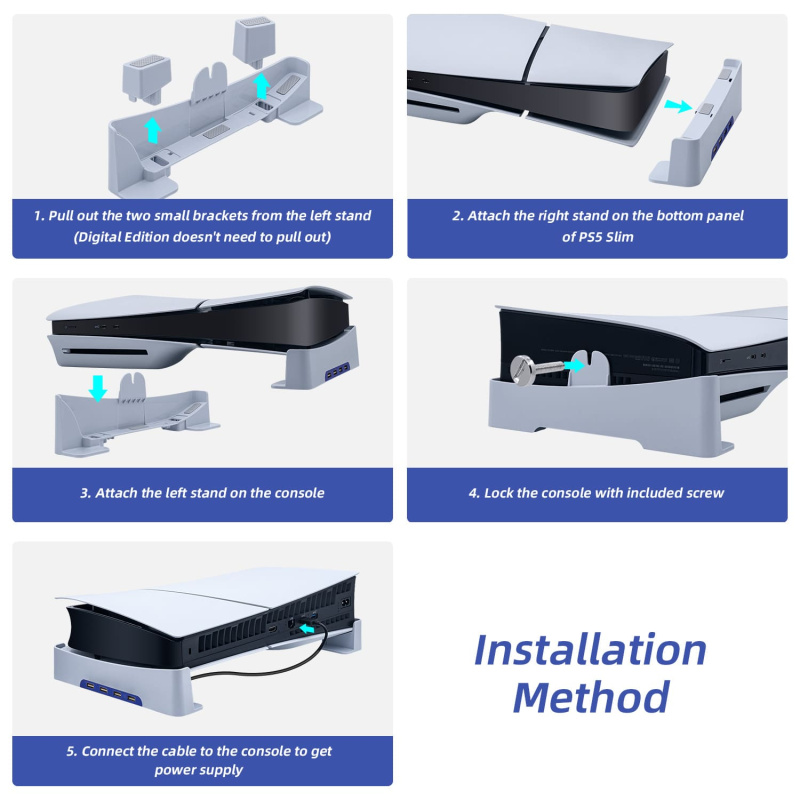 PGTECH PS5 Slim UHD/數位版主機平放橫放支架 帶4端口USB2.0 HUB擴展集線器 (只兼容PS5 Slim遊戲機) - Supreme Factory Limited