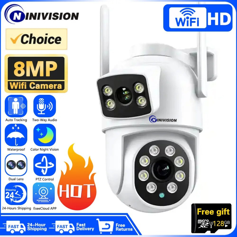 EseeCloud 8MP 4K 雙鏡頭 WiFi 雲台 360° 視圖雙向音訊全彩和紅外線戶外自動追蹤家庭安全攝影機 - 凱旋升學文具店