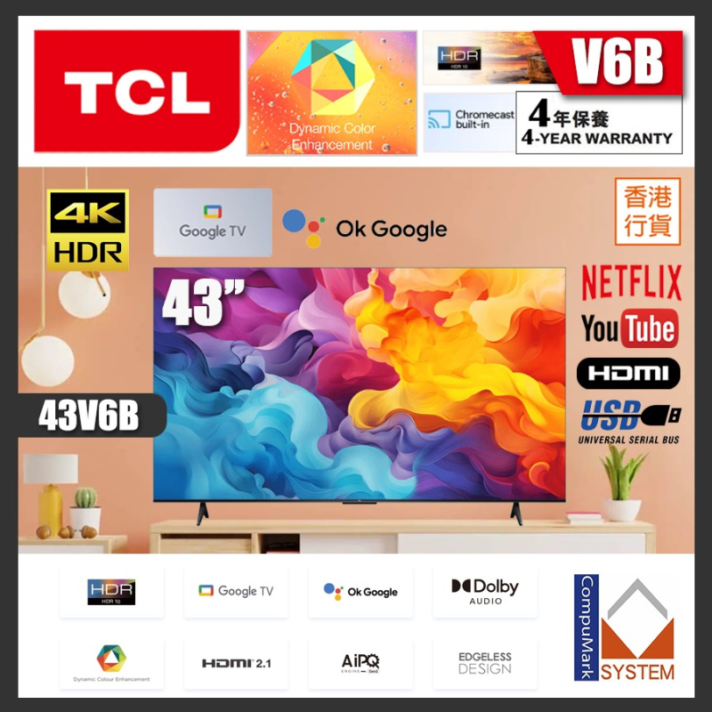 Price網購 - TCL 43" 43V6B 4K Google TV (Free Bluetooth headset, wall ...