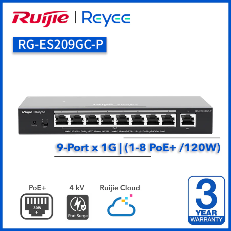 Ruijie 9-Port Gigabit Smart POE Switch RG-ES209GC-P - 荃豐A3A