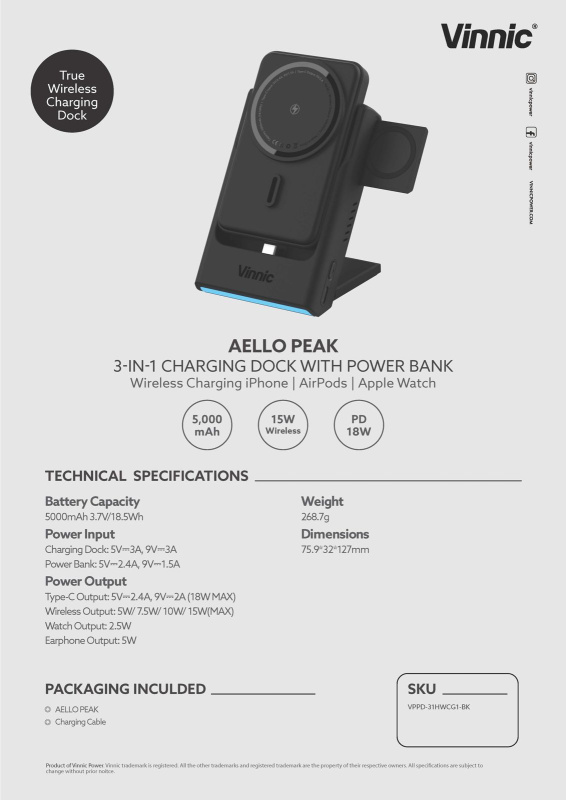 Vinnic AELLO PEAK 3-IN-1 CHARGING DOCK WITH POWER BANK - Vinnic