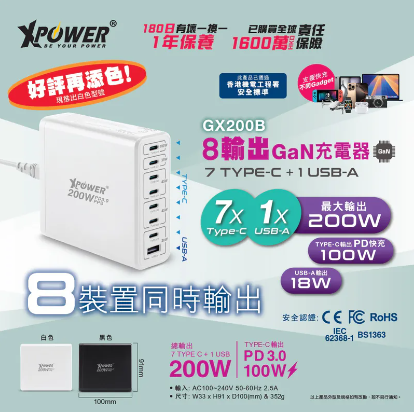 Price網購 - (新色) XPower GX200B 200W 8輸出 PD3.0/PPS 桌上型GaN充電器(白色)