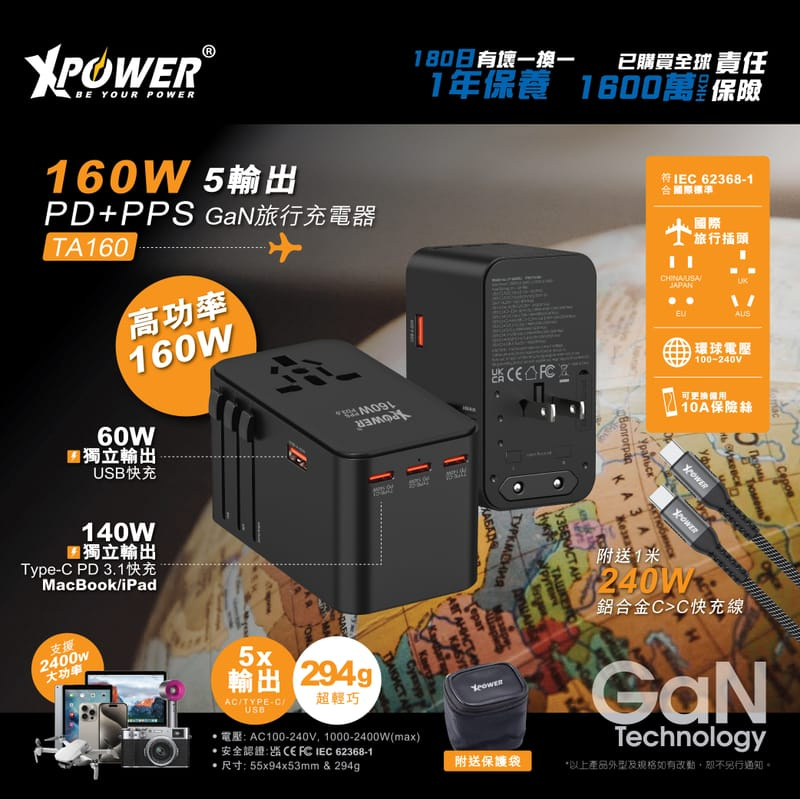 XPower TA160 160W 5輸出 PD 3.1/PPS Gan Travel Adapter 旅行充電器 - Well Power 宏力科技
