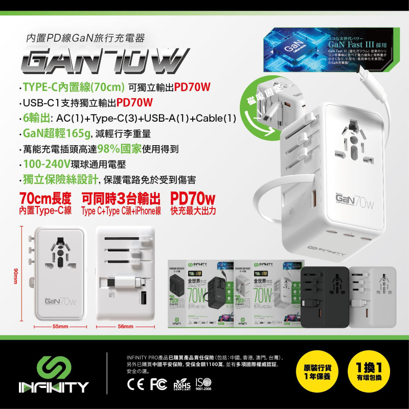 Infinity PD70W GaN 伸縮充電線旅行插座 [2色選擇] - MEGATECH