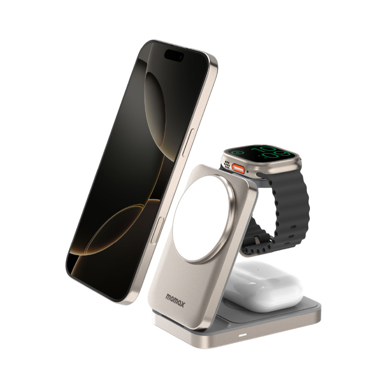 MOMAX 1-Charge Q.Port 折疊 Qi2 三合一磁吸無線充電支架 [鈦色][UD36L] - MOMAX 官方旗艦店