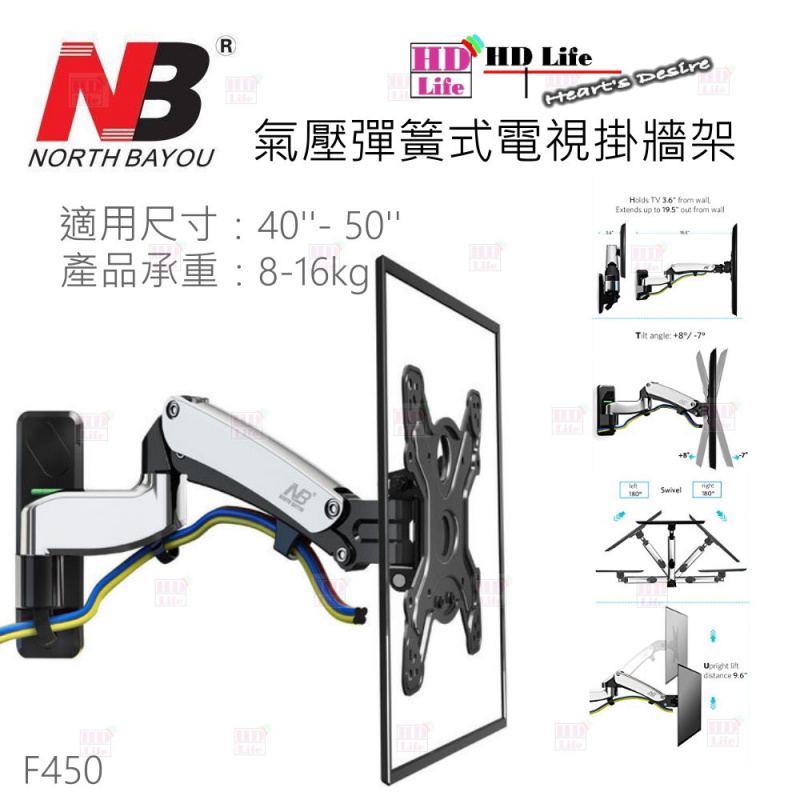 NB F450 40-50吋氣壓彈簧Flexi Double Link壁掛電視支架 - HD Life 高清生活