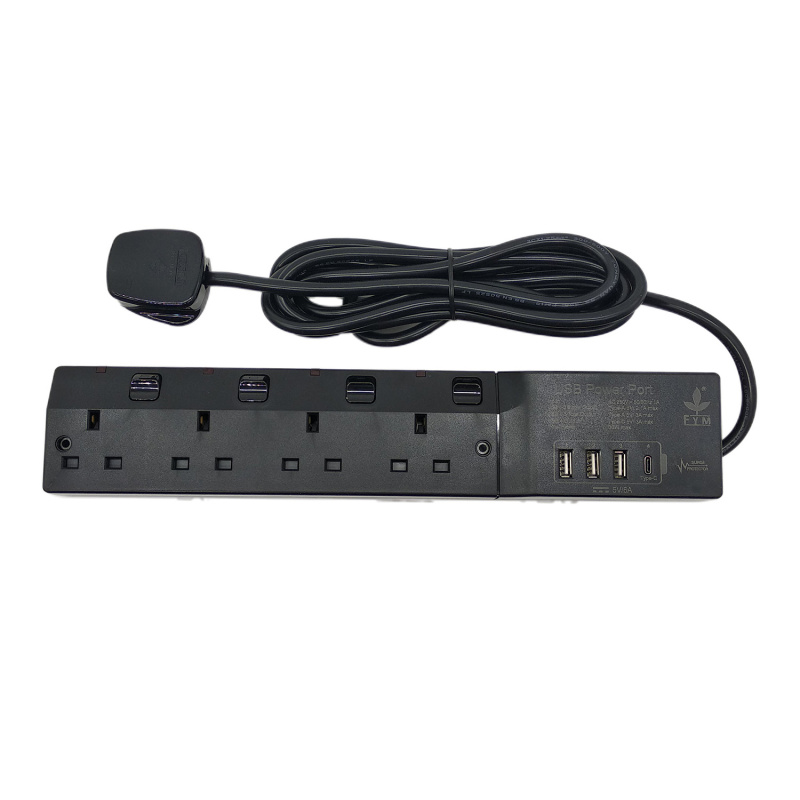 FYM - 黑色4位13A獨立LED開關+4USBType-Ax3+Type-Cx13米線防雷拖板 USB-A共享5V3A+USB-C獨享 ...