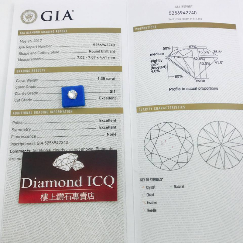 Diamond ICQ GIA證書 1.35卡 I 色 SI1 EX EX EX NON OVER SIZE Diamond 價錢、規格及用家 ...