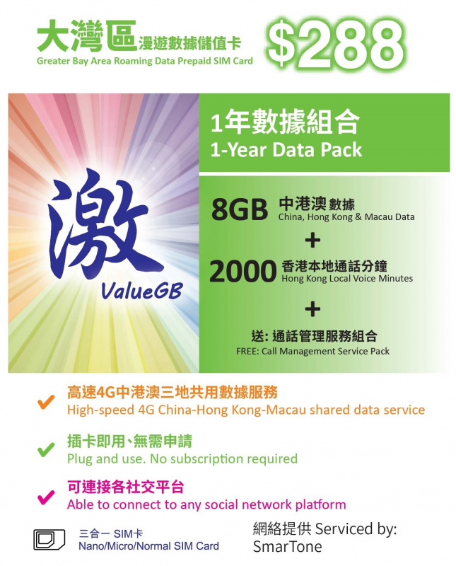 SmarTone 激ValueGB 大灣區漫遊數據儲值卡 1年數據組合 $288 (8GB中港澳數據+2000香港本地通話分鐘+通話管理服務組合) 價錢、規格及用家意見 - 香港格價網 ...