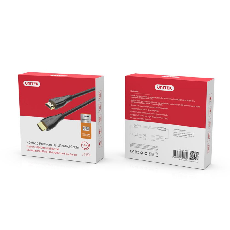 Unitek 4K 60Hz HDMI 2.0 Premium Certified High Speed Cable C1048GB 2M ...