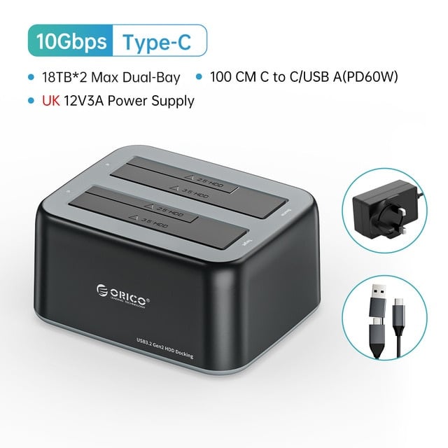 Orico 2.5/3.5吋 Type-C Gen 2 10Gbps Dual-bay Dock with Offline Clone ...