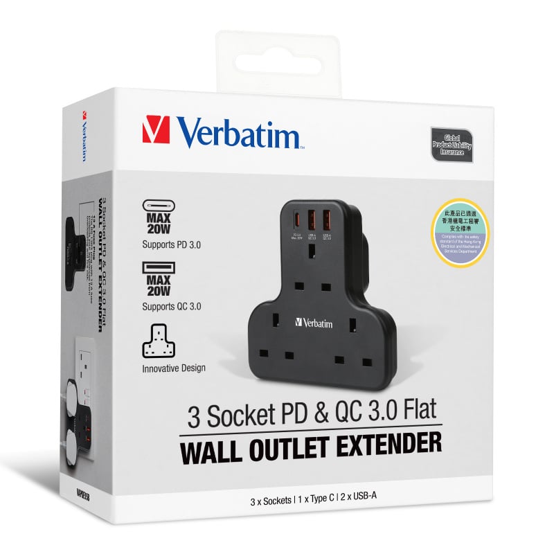Verbatim 3 Socket PD & QC 3.0 Flat Wall Outlet Extender T型擴充電源插座 價錢、規格及 ...