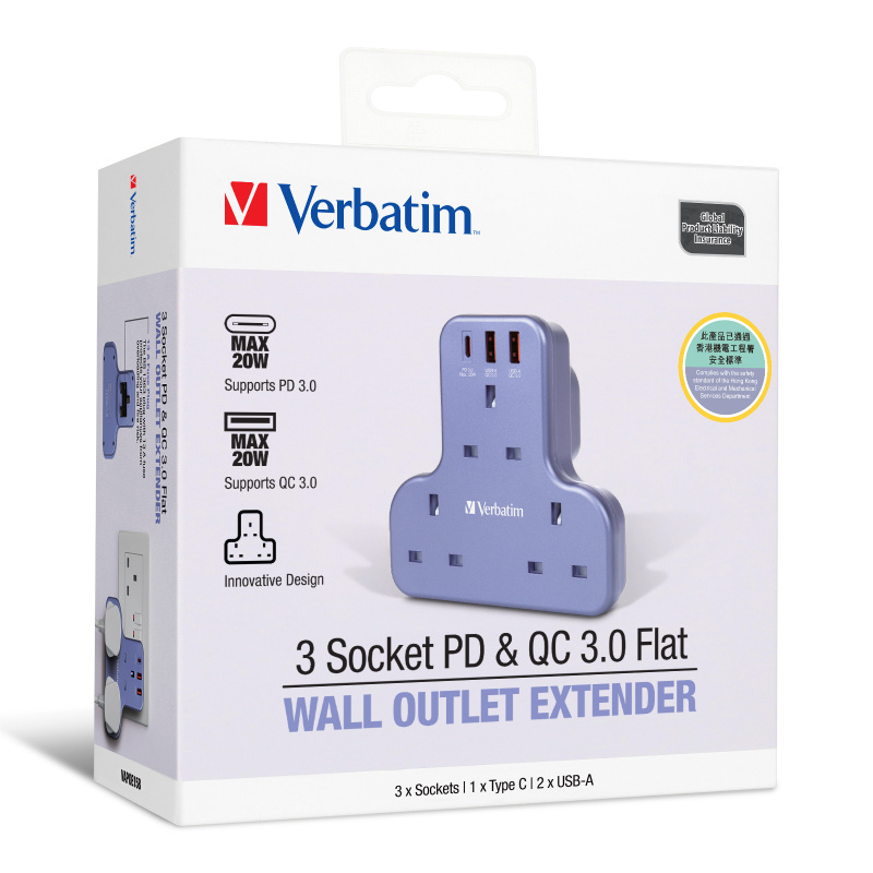 Verbatim 3 Socket PD & QC 3.0 Flat Wall Outlet Extender T型擴充電源插座 價錢、規格及 ...