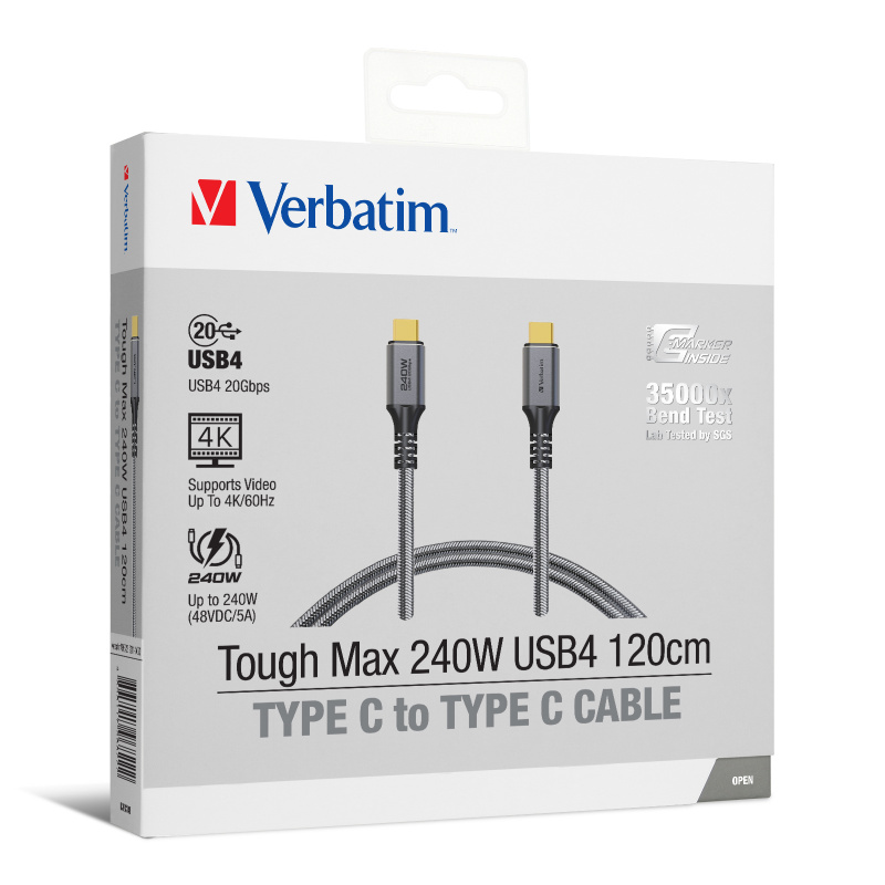 Verbatim Tough Max 240W USB4 Type C 至 Type C 充電傳輸線 120cm (66822) 價錢、規格及 ...