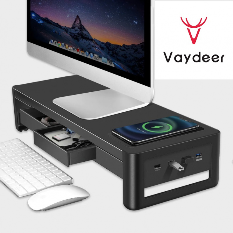 Vaydeer Aluminum Monitor Stand Riser with Wireless Charging 雙櫃桶鋁合金螢幕顯示器 ...