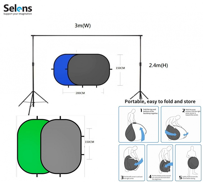 Selens 2.4m(H) x 3m(W) Studio Support Stand With 2 Pcs 1.5m(W) x 2m(H ...