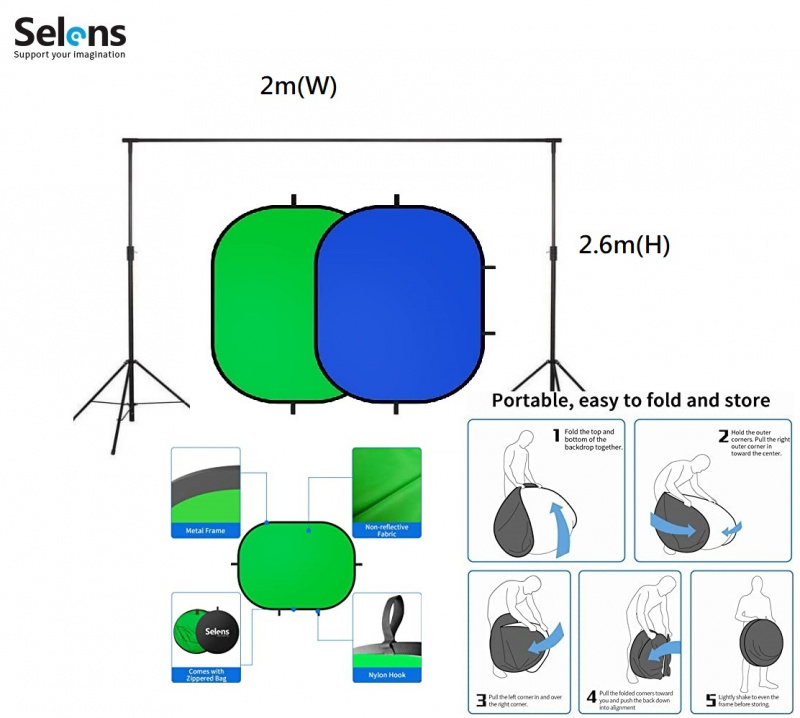 Selens 2.6m(H) X 2m(W) Studio Support Stand With 1.5m(W) x 2m(H) Double ...