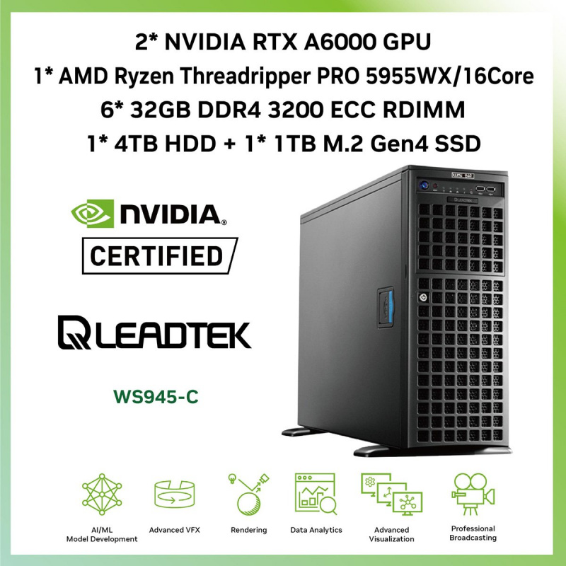 Leadtek NVIDIA Certified Winfast Workstation 工作站 (AMD Ryzen Threadripper PRO 5955WX, 192GB+1TB ...