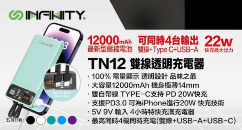 Infinity 雙線透明充電器 12000mAh TN12 價錢、規格及用家意見 - 香港格價網 Price.com.hk