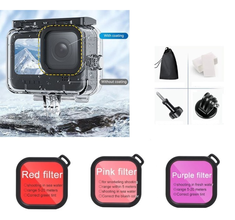 TELESIN 45M Waterproof Housing＋3 Filter Set (Red, Pink, Purple)＋Basic ...