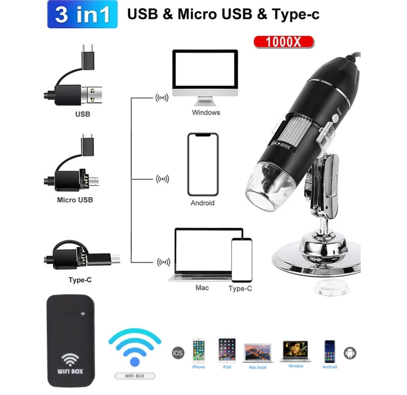 Digital 1000X HD USB Digital Microscope With WiFi Box and Stand - USB ...