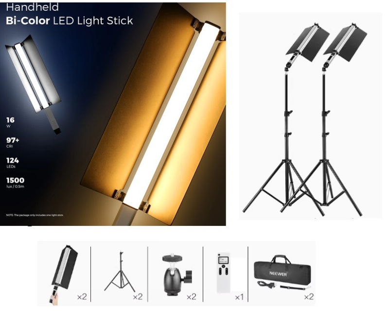 Neewer 2 Pcs CL124 Handheld Bi-Color LED Light Stick With 2 x 2m Light ...