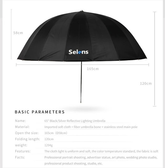 Selens 165cm Parabolic Reflective Umbrella Black Silver (16 Pod) 十六角深拋內 ...