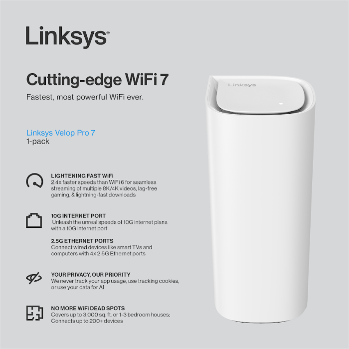 Linksys Velop Pro 7 10G Tri-Band Mesh BE11000 WiFi 7 Router 路由器 (1件裝) LN1401 價錢、規格及用家意見 - 香港格價網 ...