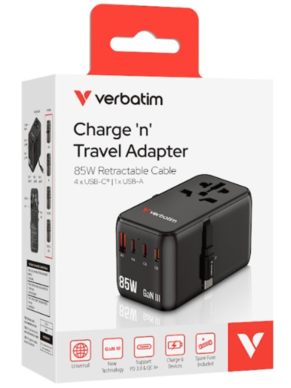 Verbatim Charge 'n' Travel Adapter 85W Retractable Cable 旅行轉換插頭 CNT-02 ...